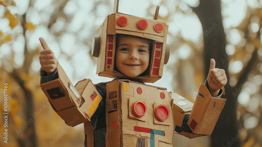 A 7 year old dressed in a homemade robot costume made from cardboard ...