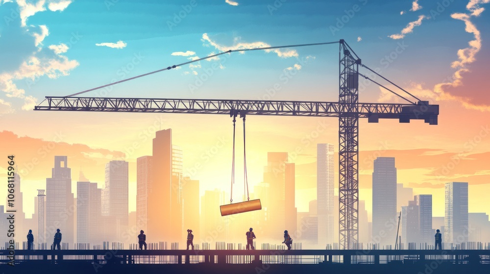 Tower crane lifting a large metal beam into place, construction site ...