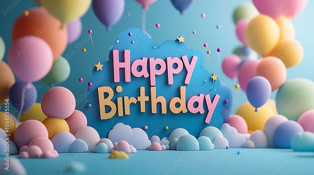 Happy Birthday in layered paper cutout letters with balloons in rainbow ...