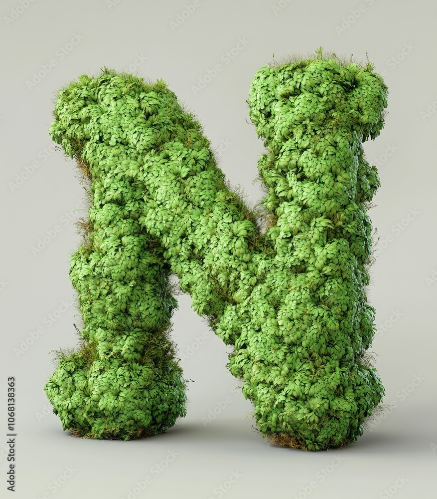 English letter N of the latin alphabet made from green stabilized moss ...