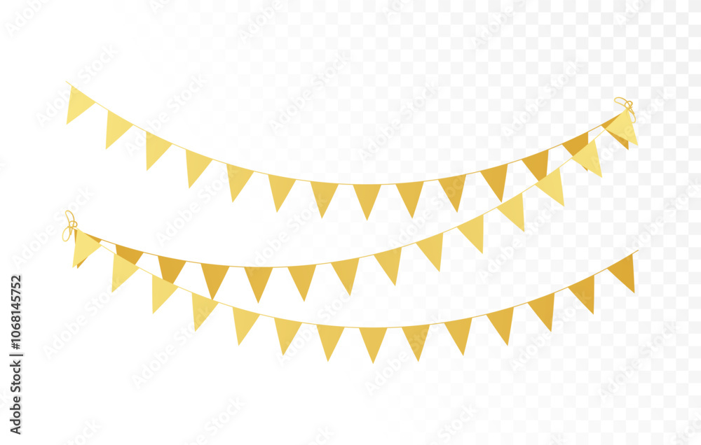 Gold color party triangle flags decoration on transparent background ...