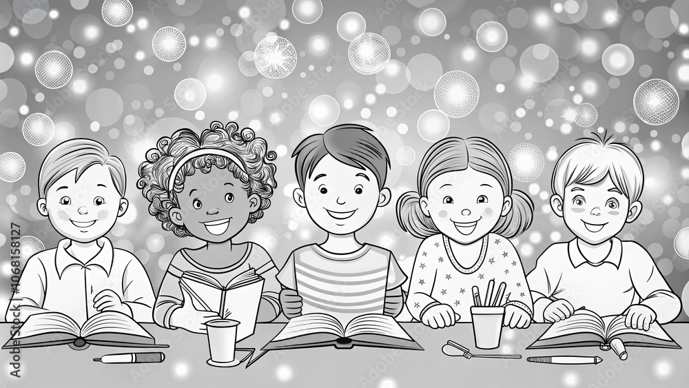 Black and White Coloring Page of Group of School Children Engaged in ...