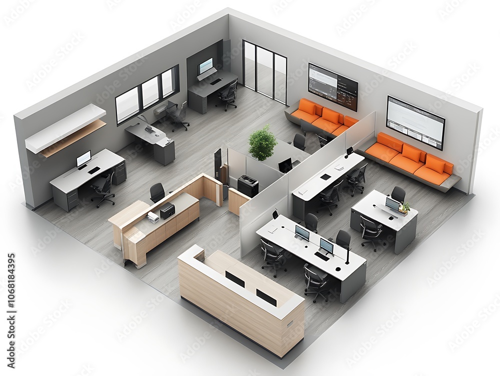 Modern Office Interior Design 3D Illustration - Open Plan Workspace ...