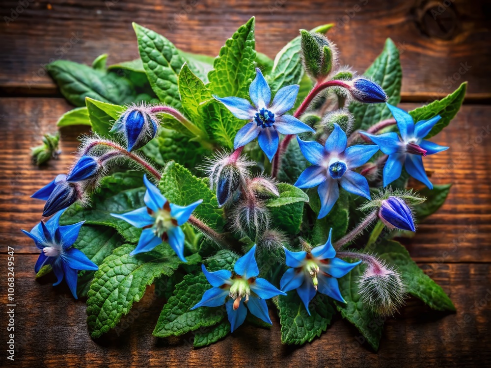Borage Plant Cut and Ready to Cook on a Rustic Brown Background with ...