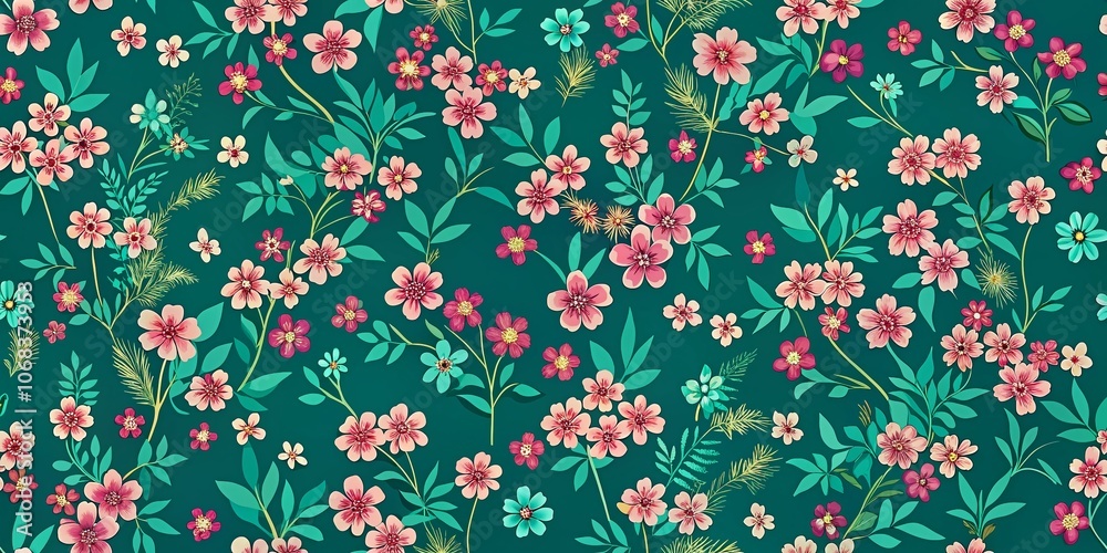 Floral Seamless Pattern of Sparse Pink Tiny Flowers on Viridian Green ...