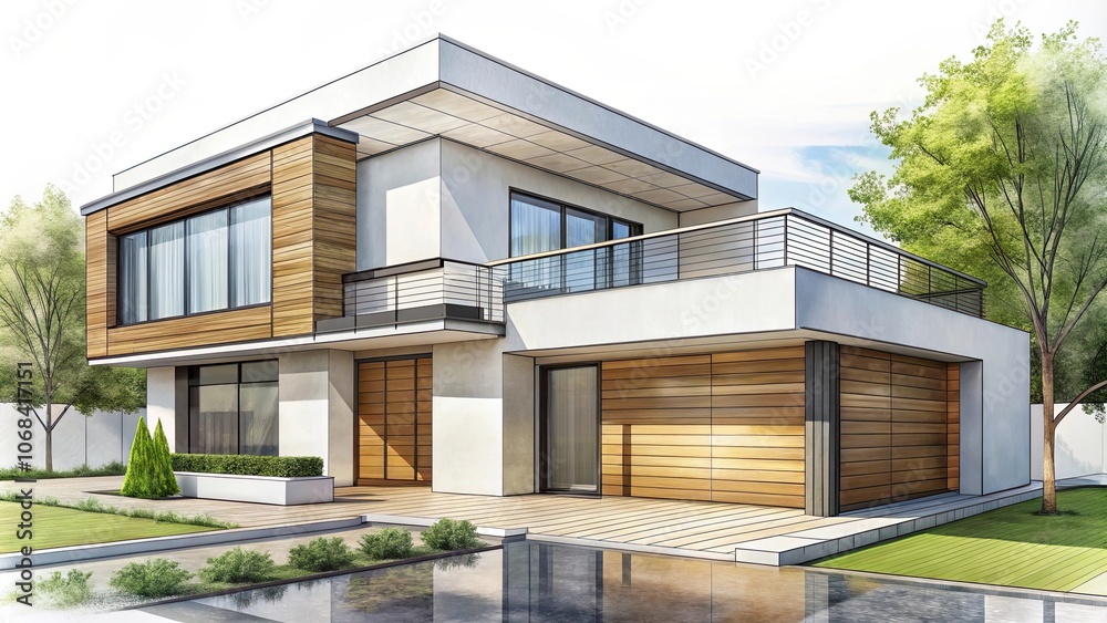 Architectural sketch of a modern house facade , architecture, blueprint ...