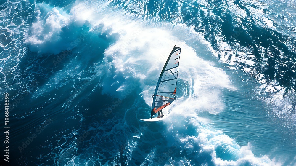 Windsurfer rides the high seas. A windsurfer speeds across the ocean ...
