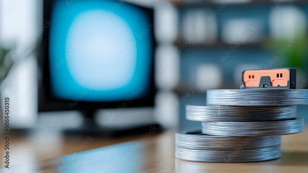 A stack of worn VHS tapes sitting next to an old muted color television ...