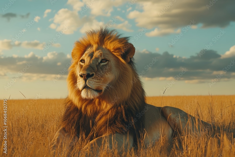 Majestic Lion Resting in the Golden Grasses of the African Savanna ...