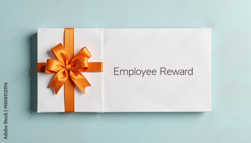 Gift box with an orange ribbon labeled Employee Reward on a light blue ...