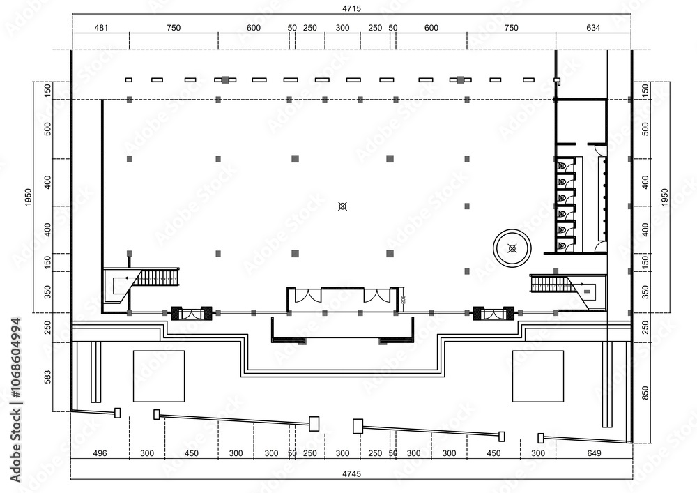 2D top-view floor plan of a mosque ground floor with detailed notations ...