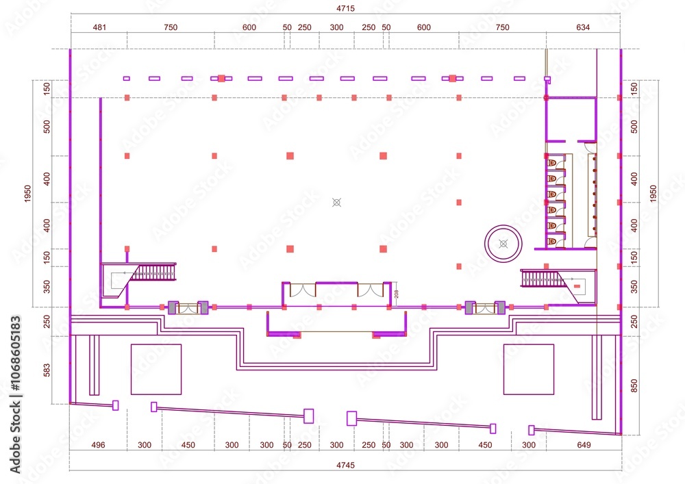 2D top-view floor plan of a mosque ground floor with detailed notations ...