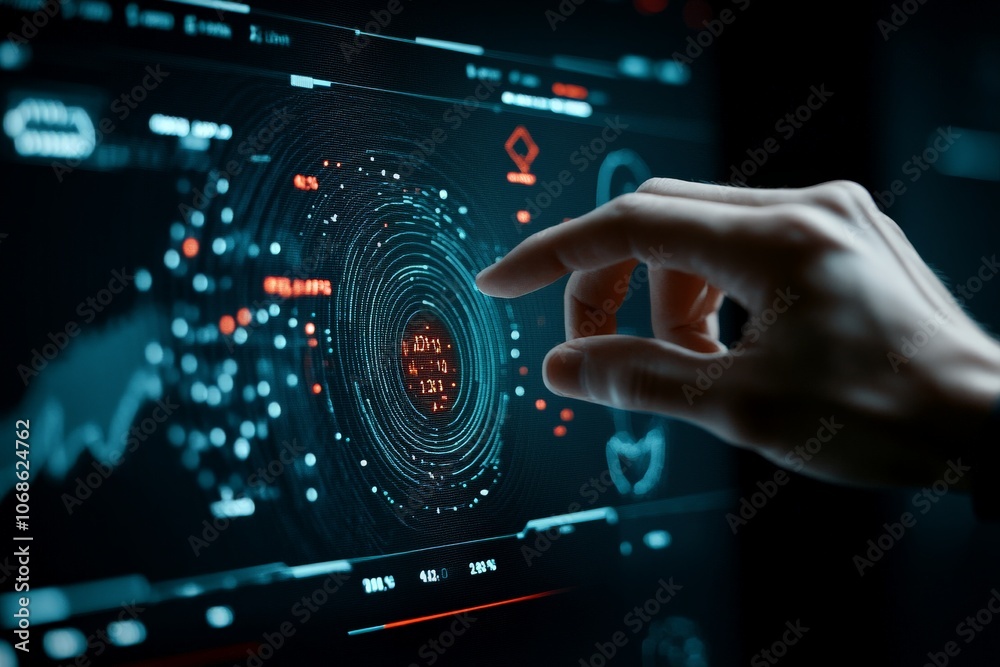 A close-up of a hand touching a digital screen filled with circular ...