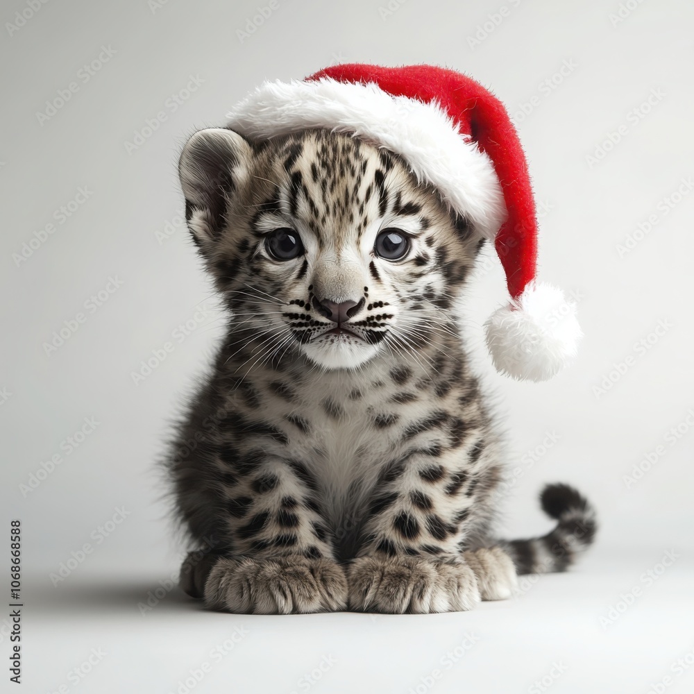 Adorable baby snow leopard cub wearing a santa hat between its spotted ...