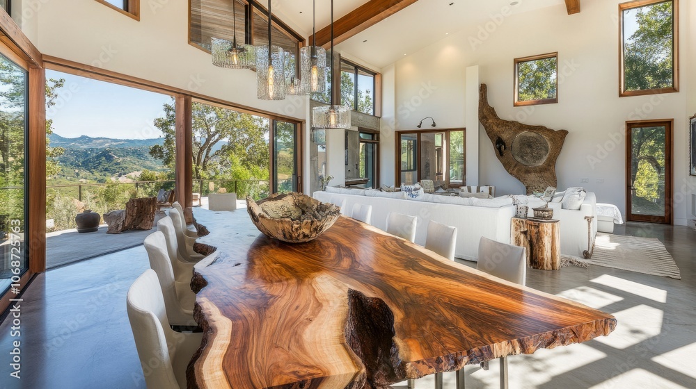 Bright, open dining area with a live-edge solid wood table as the focal ...