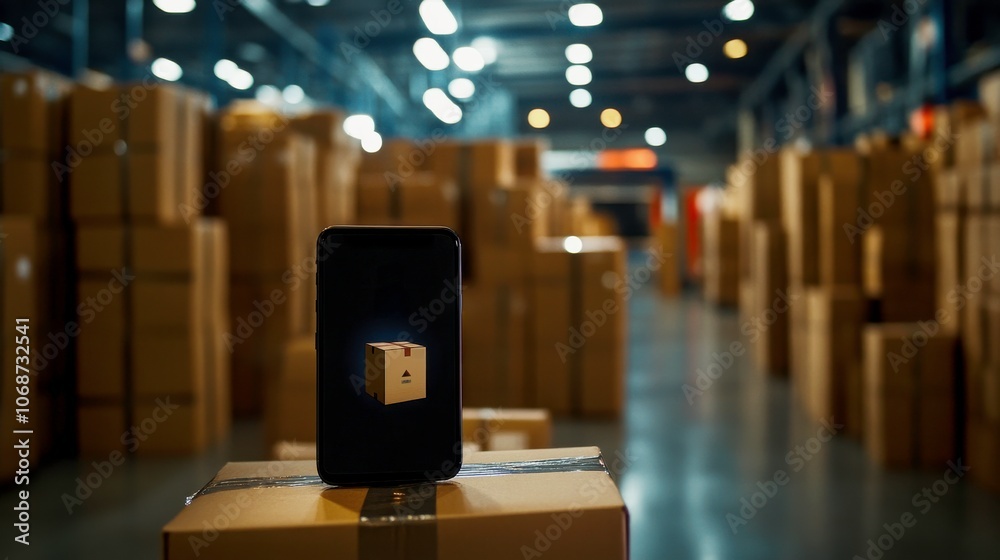 A phone displays a cube in a warehouse filled with stacked boxes, illustrating a blend of ...
