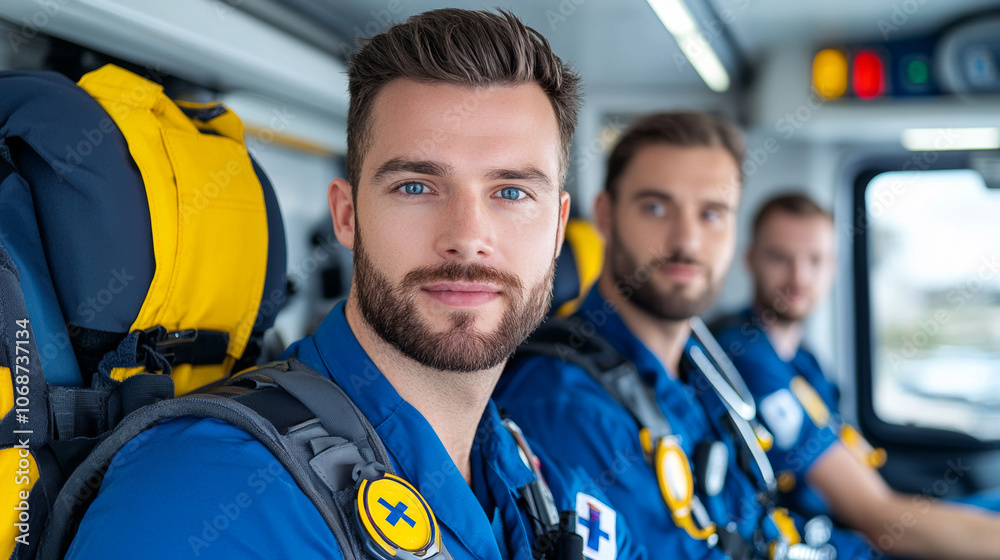 team of emergency medical service professionals in ambulance ...