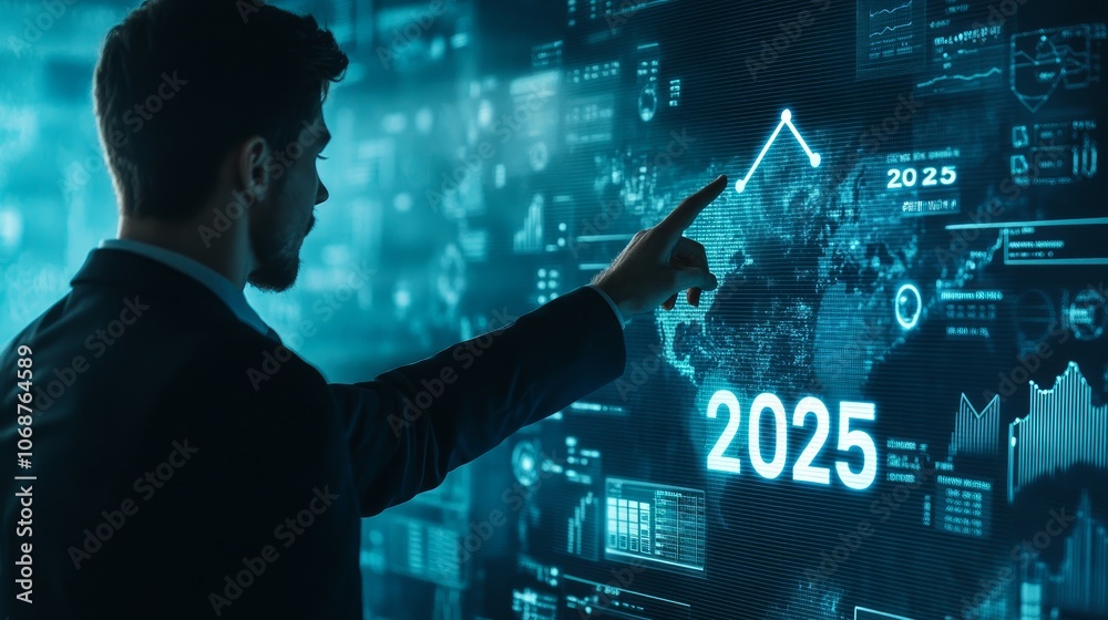 A businessman points to a digital screen showing data about 2025, which ...