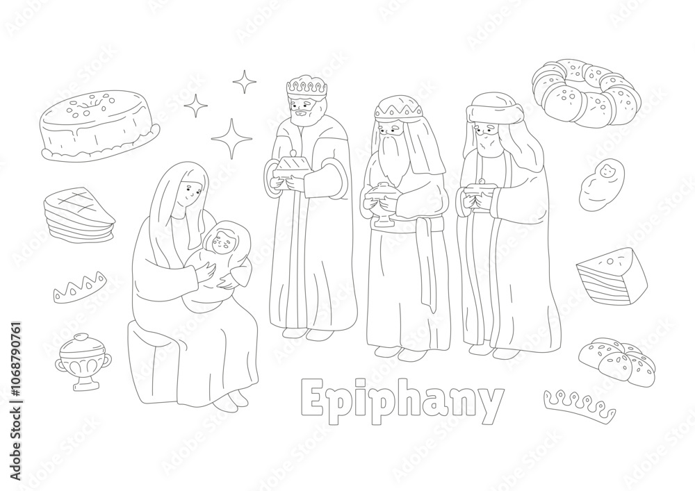 Epiphany coloring book page. Three kings with gifts for Mary and Jesus ...