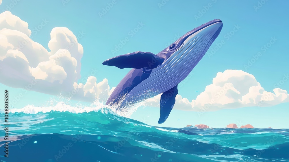 Majestic blue fin whale breaching the surface of the ocean showcasing ...