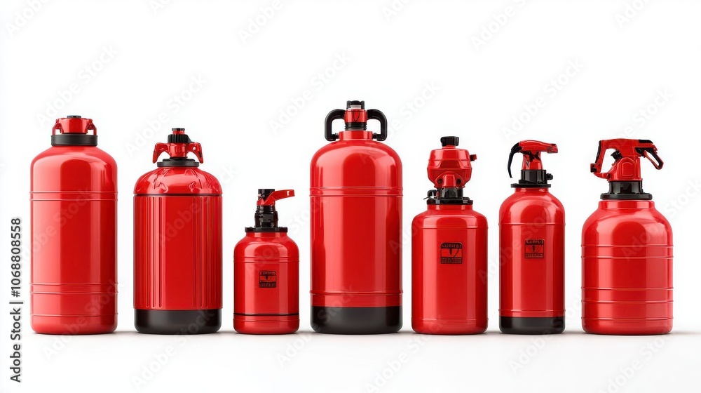 Various fire extinguishers in red color, isolated on white background ...
