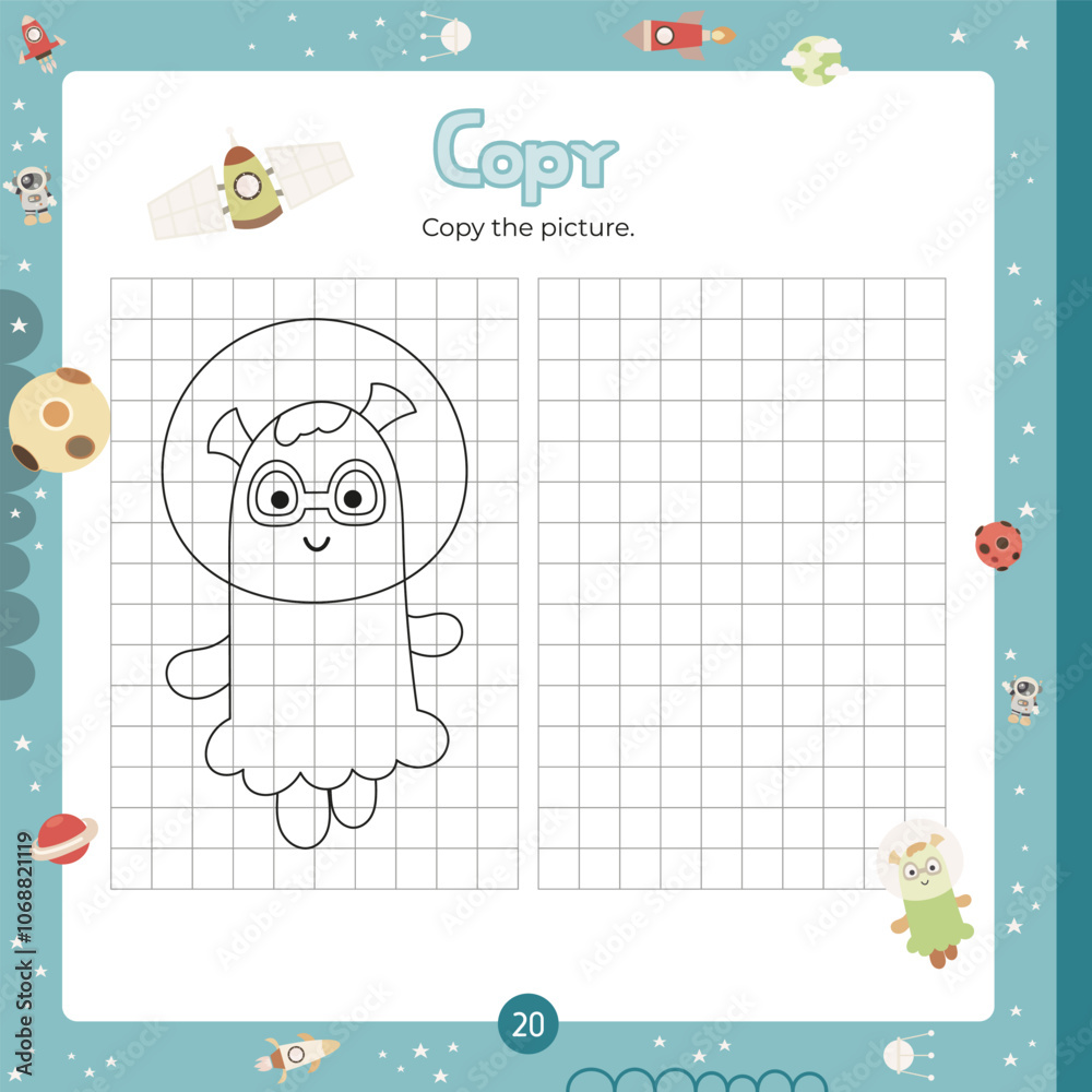 Outer Space activities for kids. Copy the picture in grid – cute alien ...