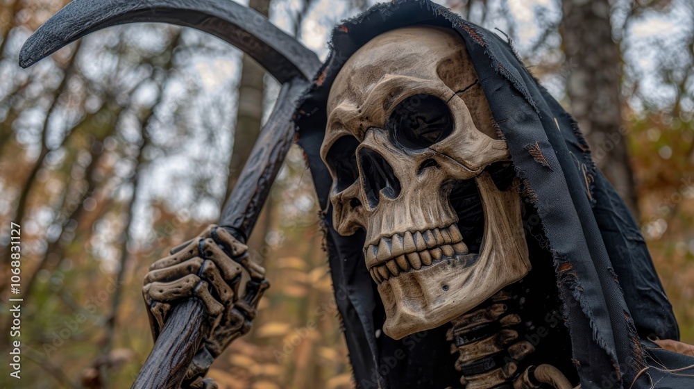 Eerie profile of a grim reaper skeleton with scythe and shadowed hooded ...
