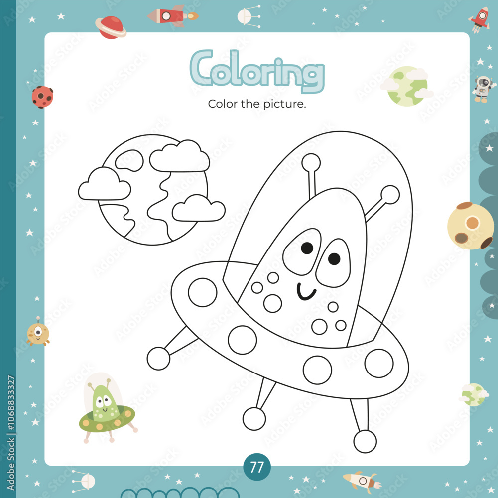 Coloring page for kids Space alien UFO. Preschool printable game for ...