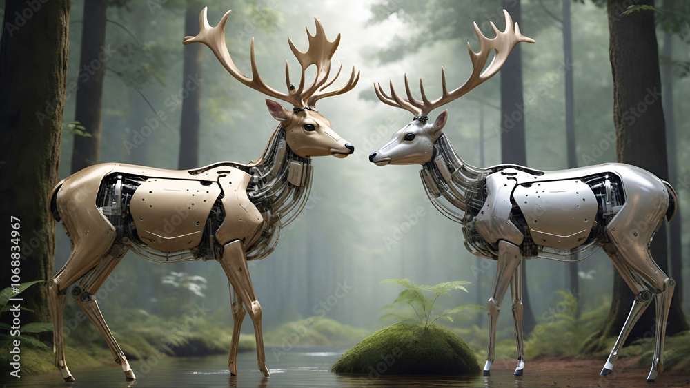 Realistic images of AI animals like robotic deer interacting in natural ...