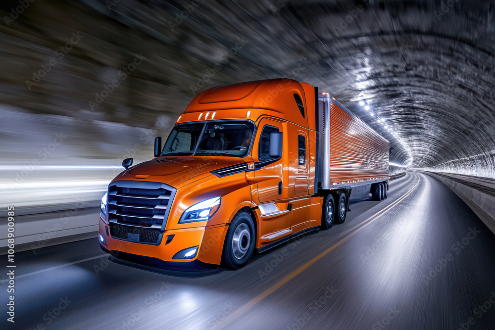 High-speed truck driving through tunnel with motion blur and light ...