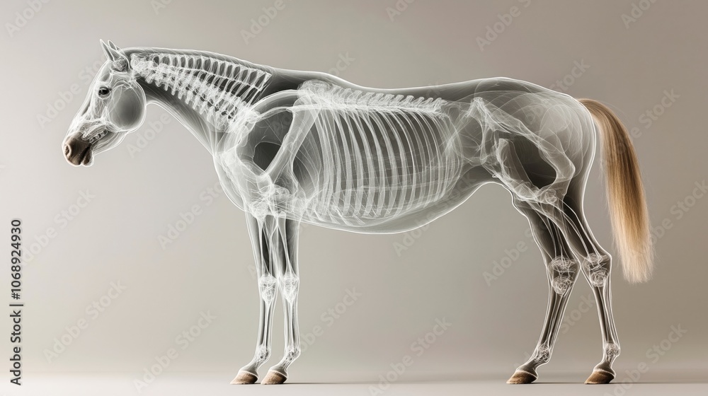 X-ray style illustration of a horse showing detailed skeleton outline ...