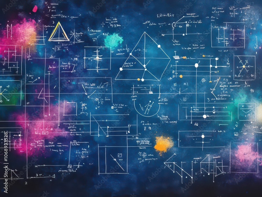 Deep blue chalkboard with watercolor splashes, complex geometry ...