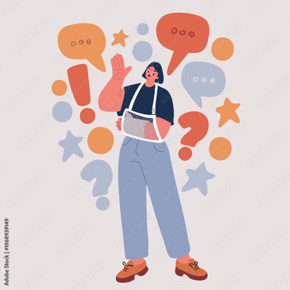 Cartoon vector illustration of a woman in a full body cast, symbolizing ...