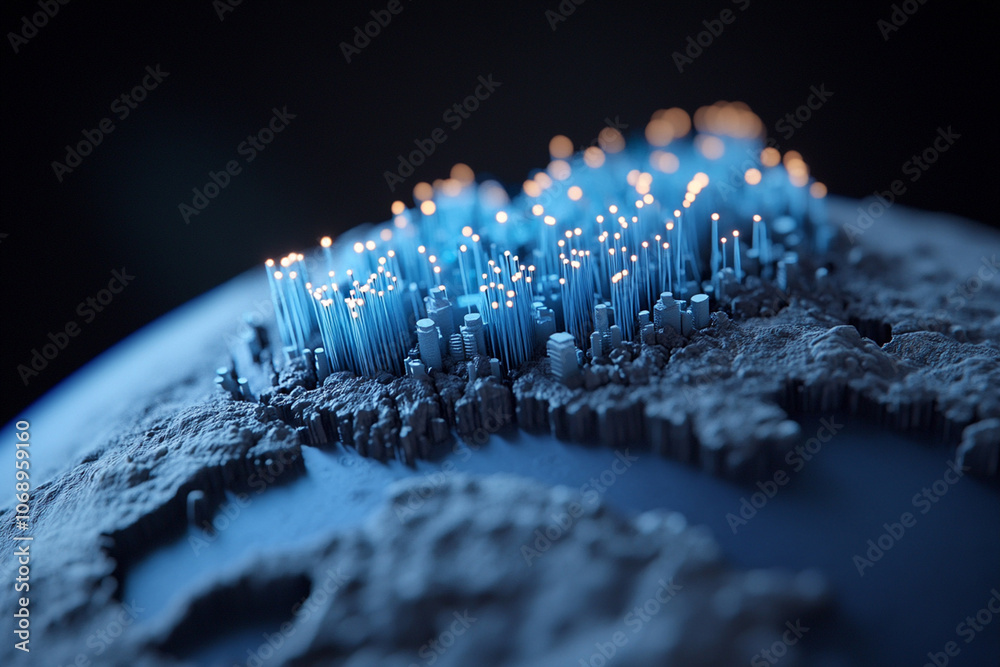 The Earth's surface with fiber-optic cables glowing, representing the ...