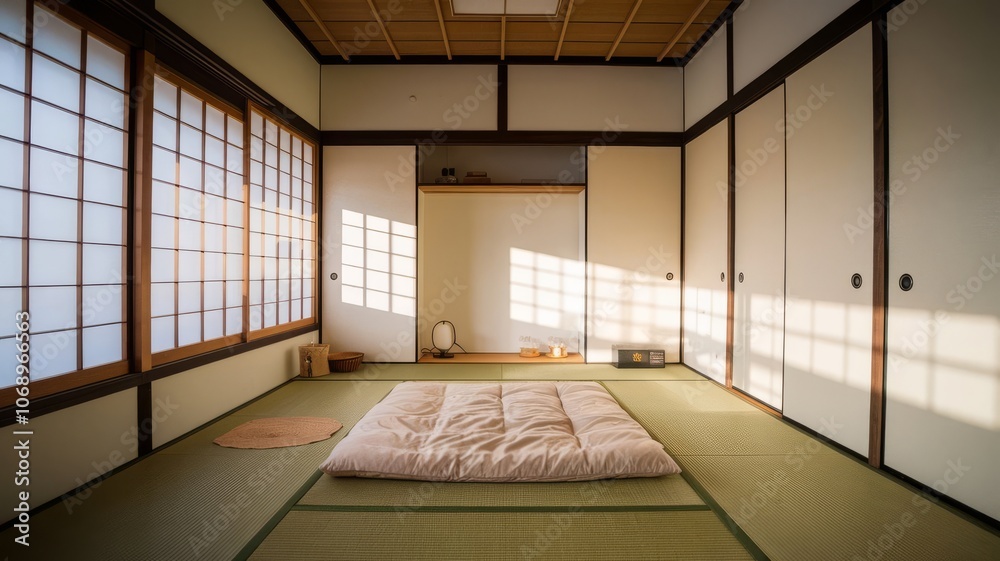 Traditional Japanese tatami room with futon and sliding shoji doors ...