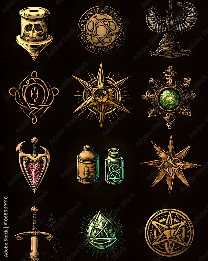 A collection of 12 fantasy game icons, including swords, potions, gems ...