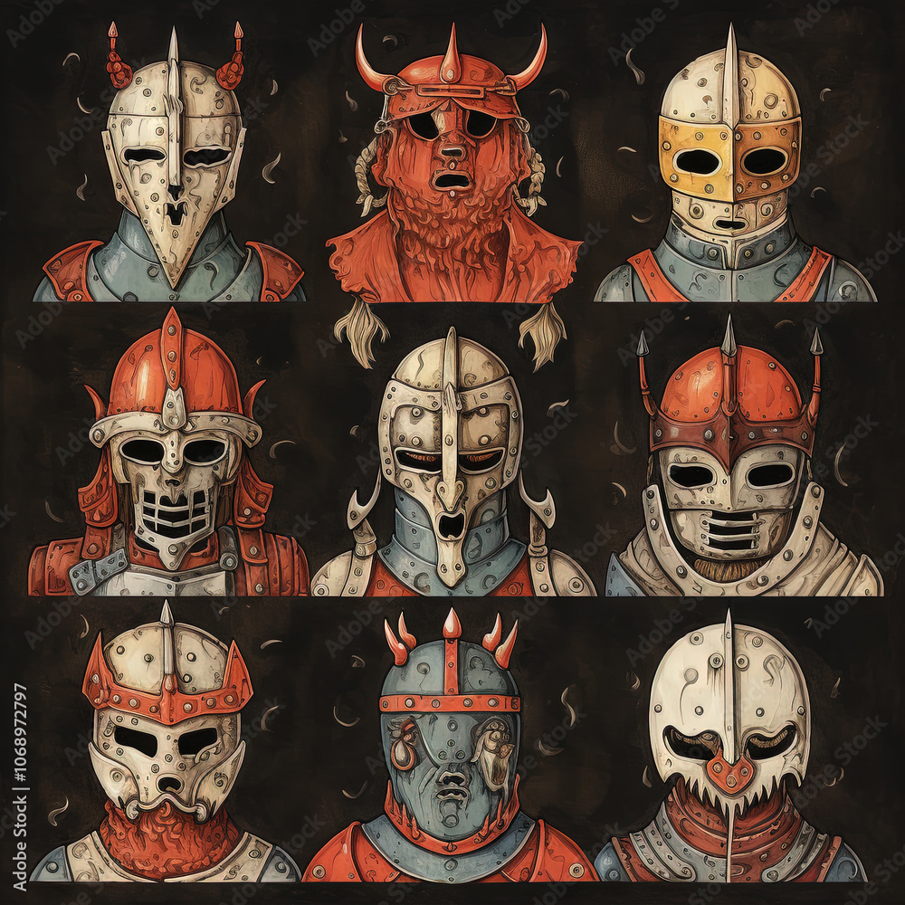 Mystic knight portraits set in metal armor. Occult scary knights in ...