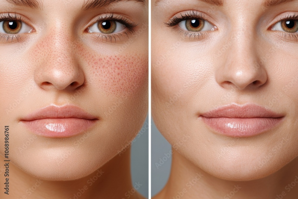 Before and after face shots showing reduced acne on one side and ...