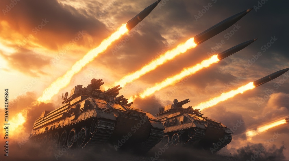 Anti-missile tanks in a defense system intercept and destroy incoming ...