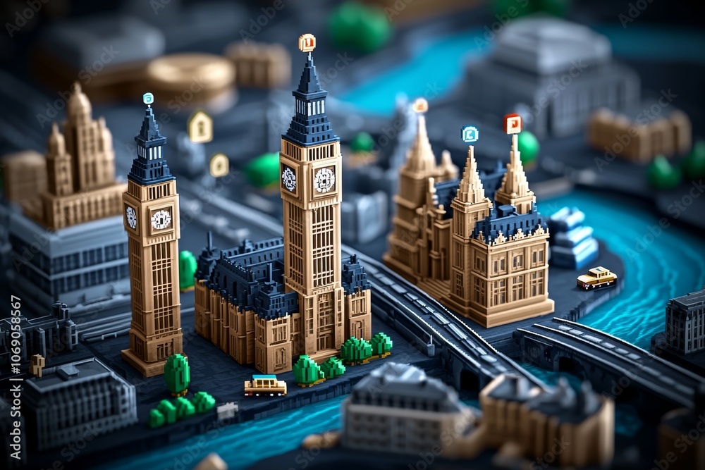 Pixel art travel simulation of a pixelated city map with small icons of ...