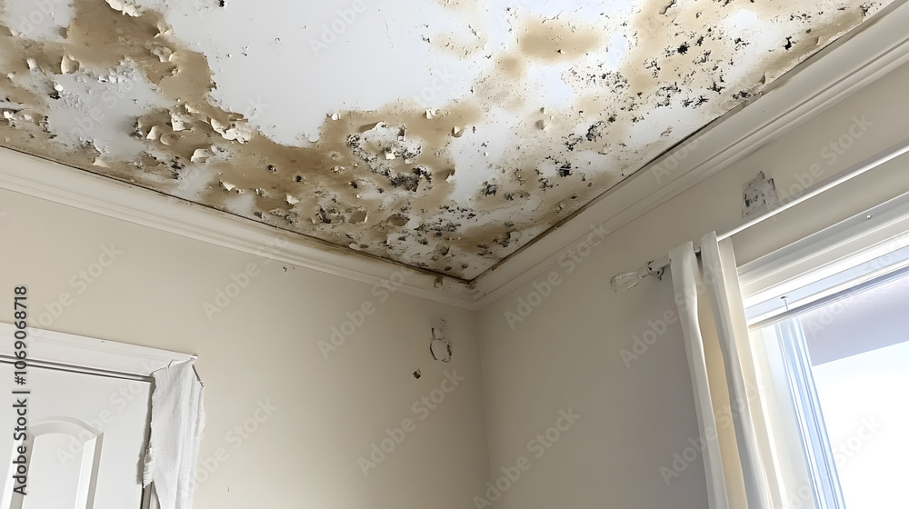 Close-Up of a Moldy Ceiling in an Old Apartment, Showing Water Stains ...