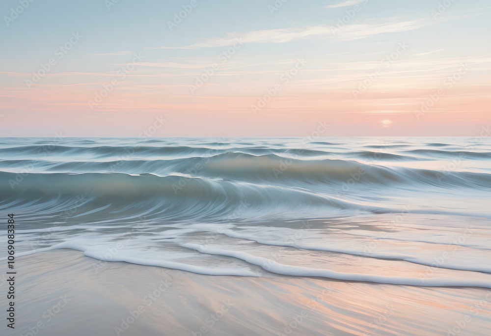 Gentle ocean waves roll softly under a pastel sky in shades of pale ...