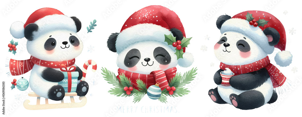Christmas panda watercolor painting cutout png clip art transparent ...
