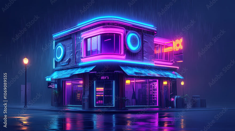 3d cyberpunk building with vibrant blue and purple neon lights ...