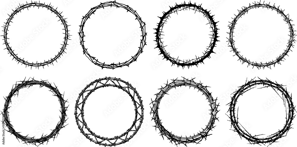 Set of Circular Barbed Wire Frames - Vector Thorn and Barbed Wire ...