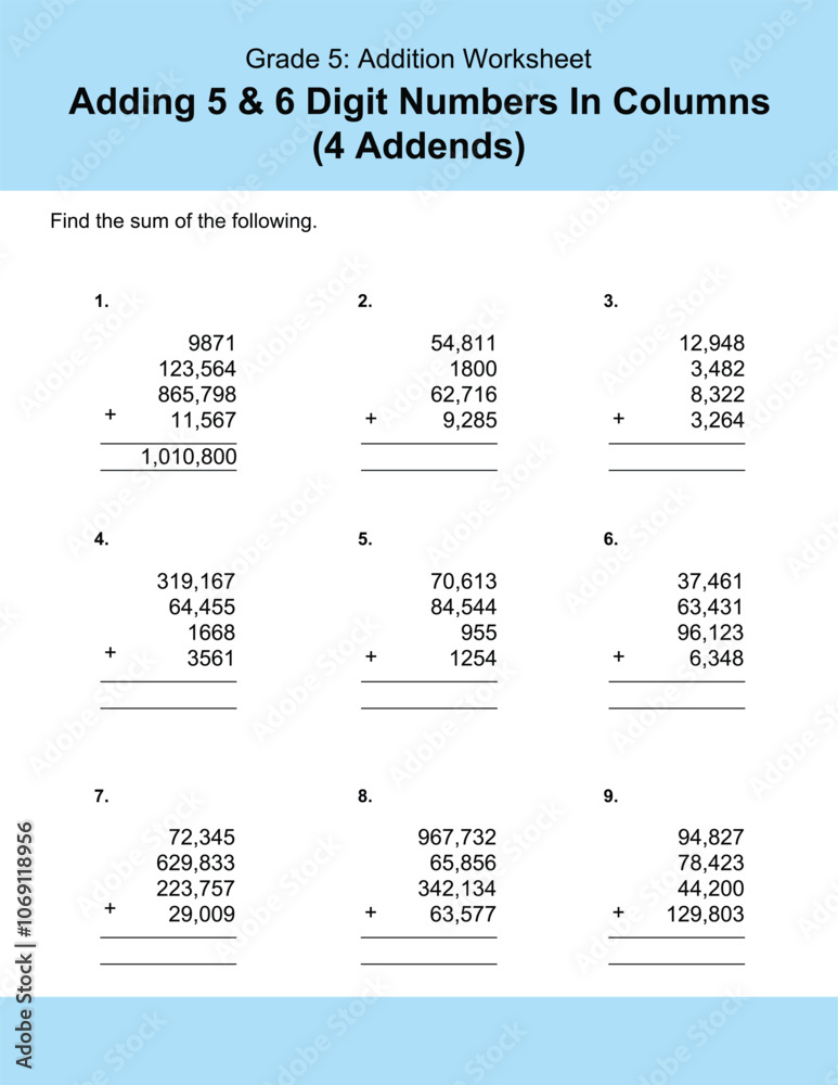 Maths Addition Worksheets Vector For Grade 5 Students, Teachers, and ...