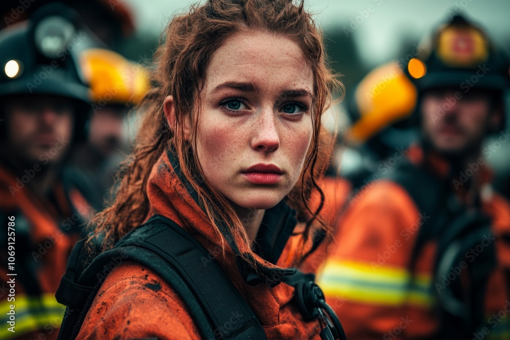 A determined female firefighter stands resolute amidst her crew. Her ...