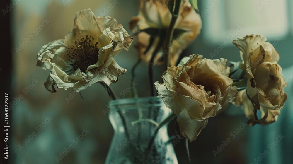 A close shot of a wilting flower in a vase, petals drooping ...