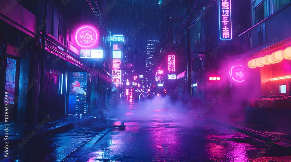 Enigmatic cyberpunk night scene with vivid neon city lights image Stock ...