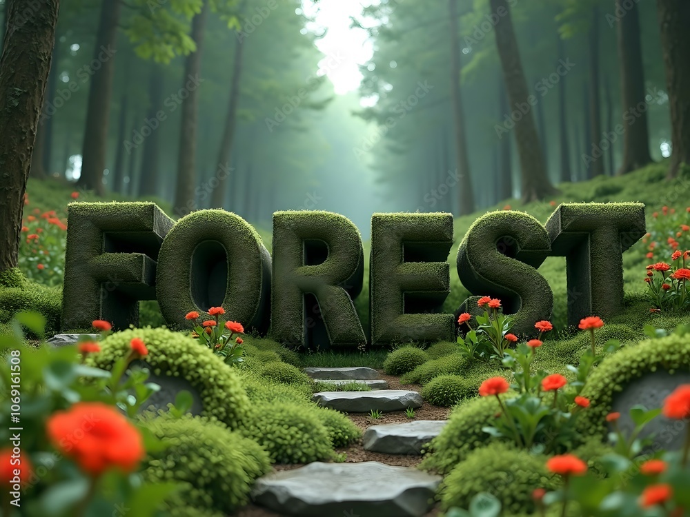 Forest, 3D realistic forest script. Forest path, wild flowers, tall pine trees and nature ...